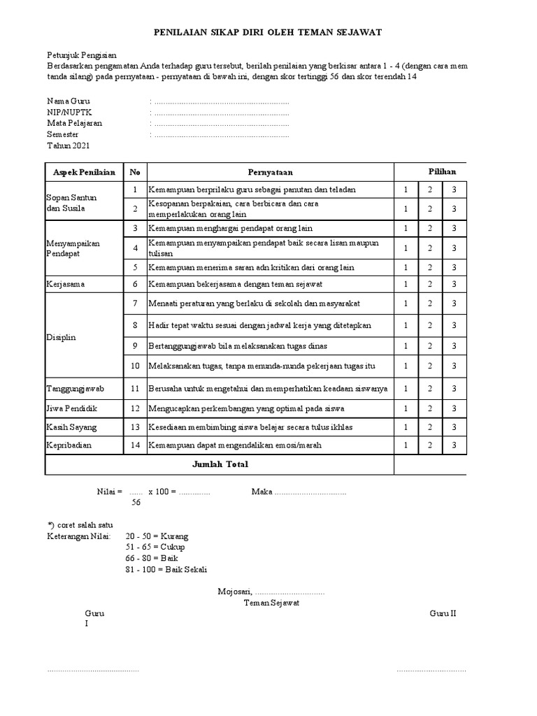 Penilaian Sikap Guru Oleh Teman Sejawat (OPERATORSEKOLAHDBN - COM) | PDF