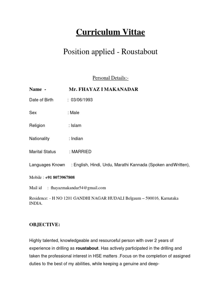 Roustabout CV for Oil Drilling Position | PDF