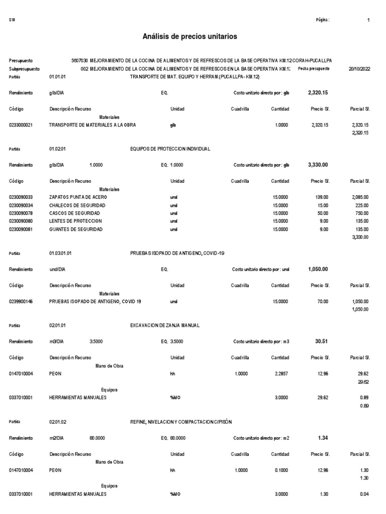 Análisis de Precios Unitarios: Página | PDF