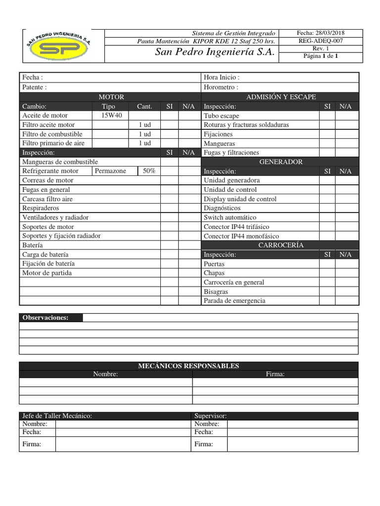 Mantenimiento KIPOR KDE 12 Staf 250 hrs | PDF | Coche | Vehículo de motor