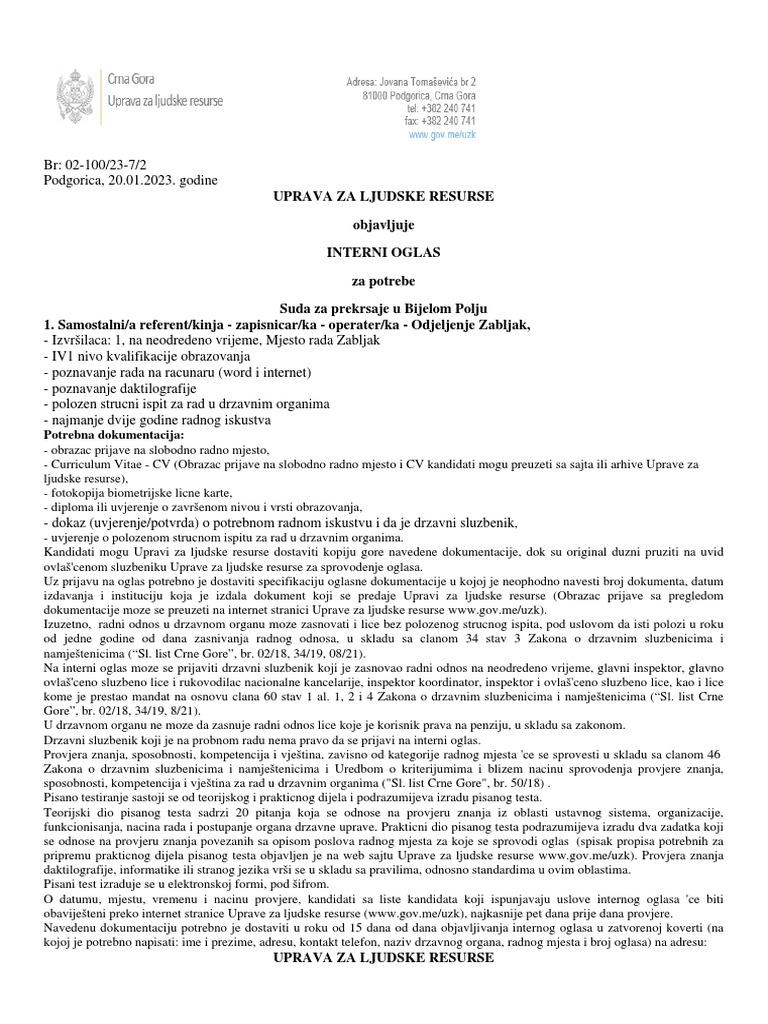 INTERNI OGLAS - Broj - 02-100 - 23-7 - 2 | PDF