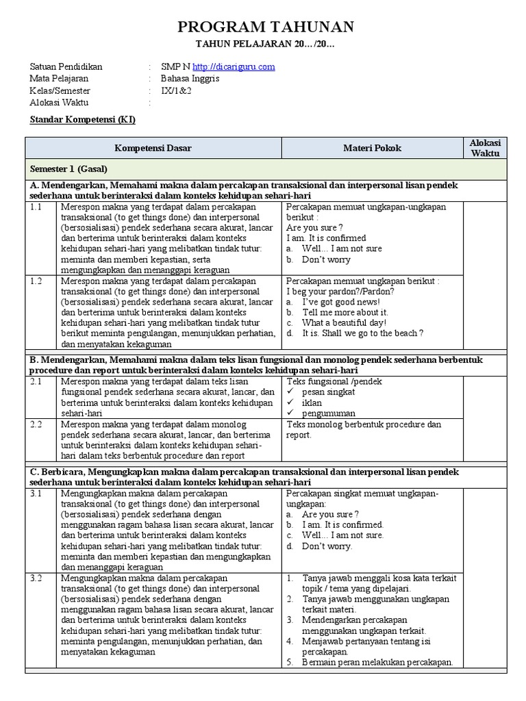 9 (Dicariguru - Com) - Prota Kelas 9 Bahasa Inggris | PDF