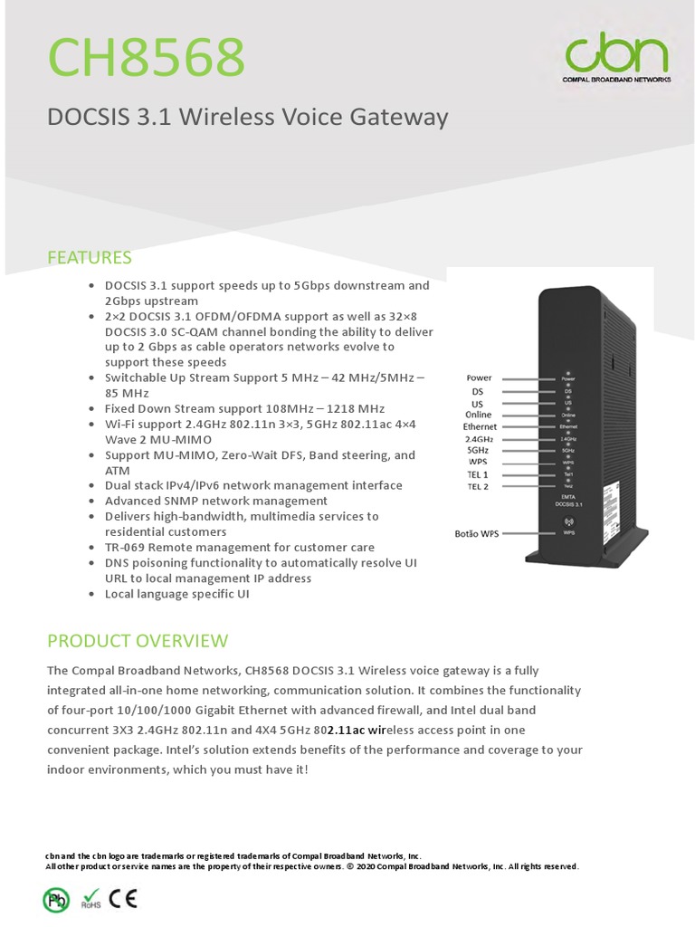 CH8568DOCSIS 3.1 Wireless Voice Gateway | PDF | Wi Fi | Ieee 802.11