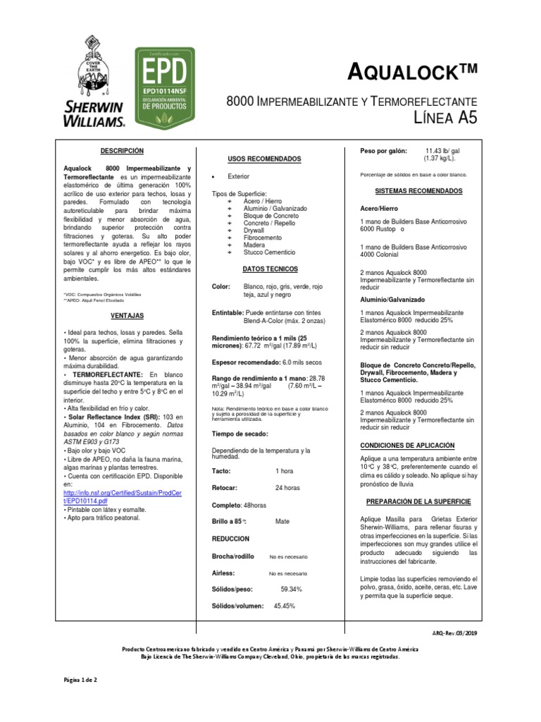 HojaTecnica-Aqualock 8000 Impermeabilizante y Termoreflectante | PDF | Pintar | Hormigón