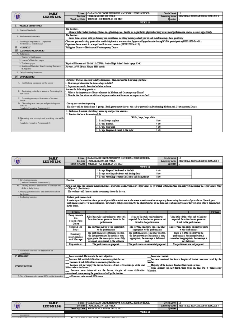 PE12 Week 10 Lesson Plan: Dance Skills | PDF | Learning | Teachers