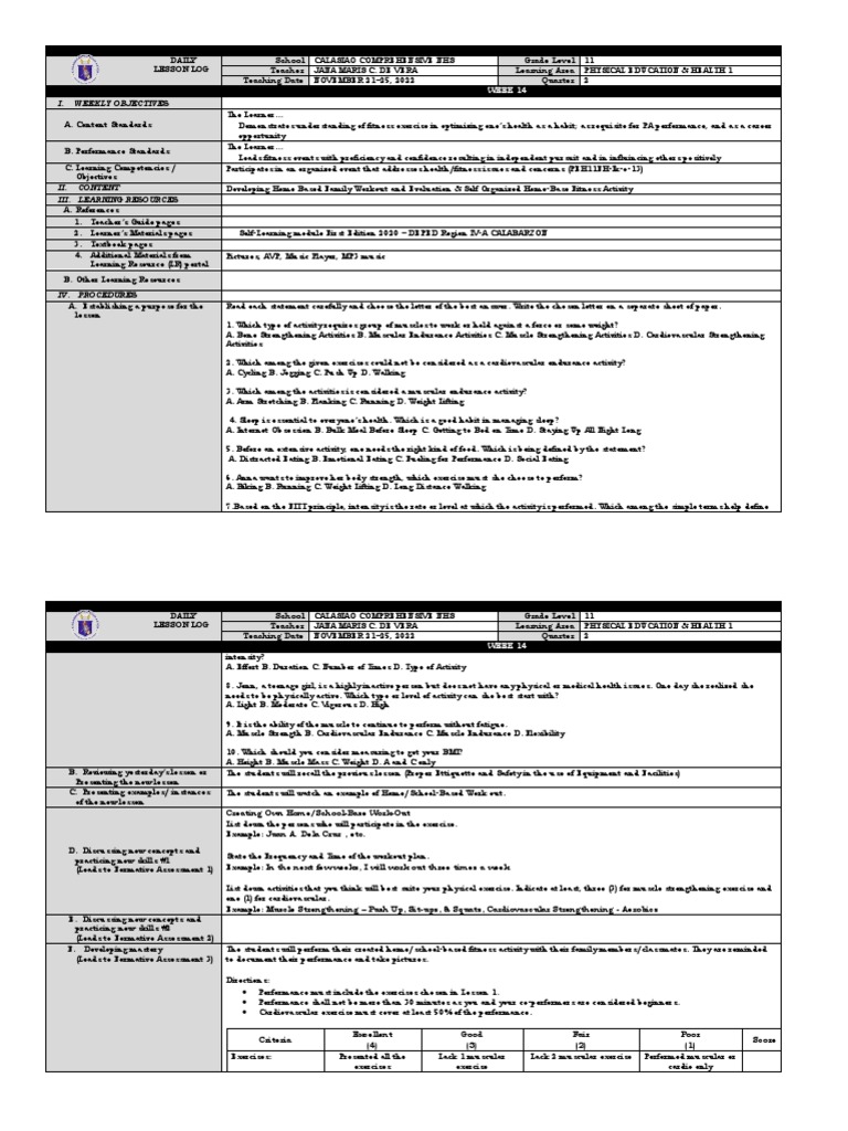 DLL PEH 11 - 2nd QTR - Week 14 | PDF