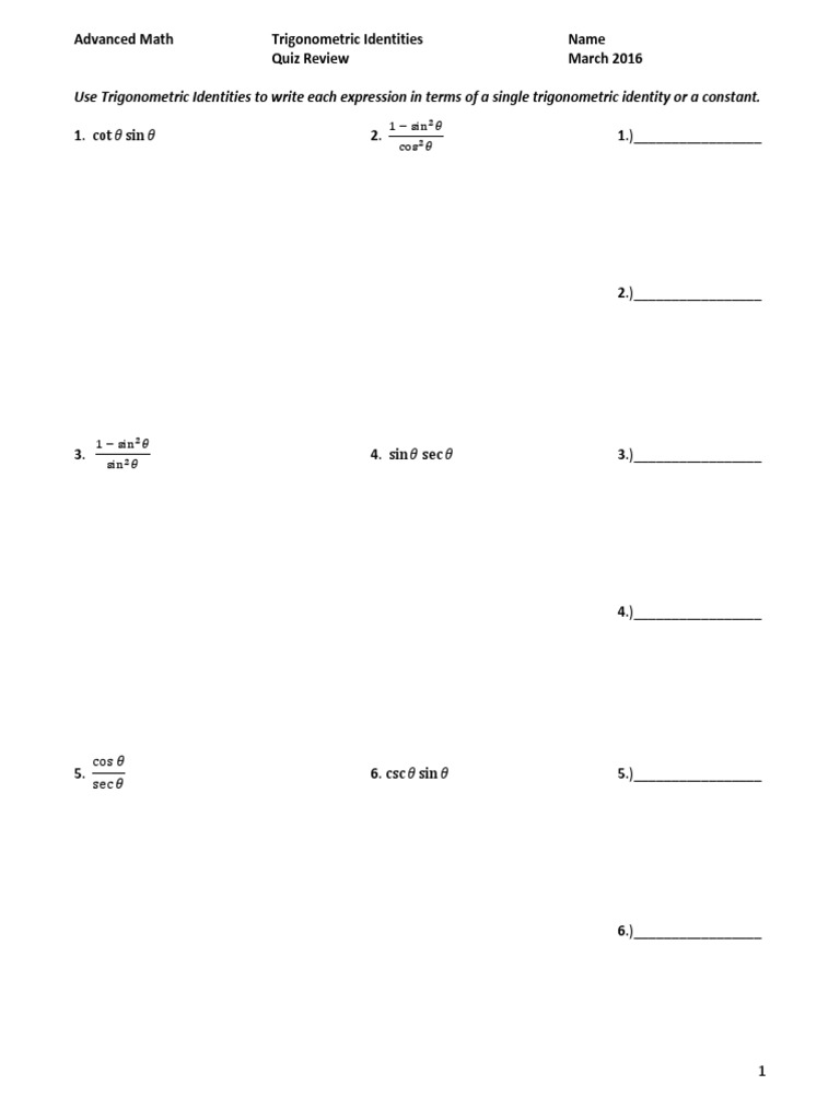 Trig Identities Quiz Review March 2016 | PDF | Trigonometric Functions ...