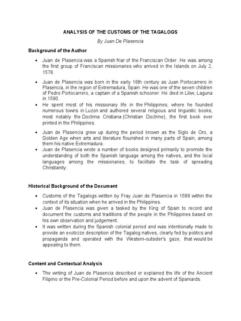 Analysis of The Customs of The Tagalogs (Readings in Phil. History ...