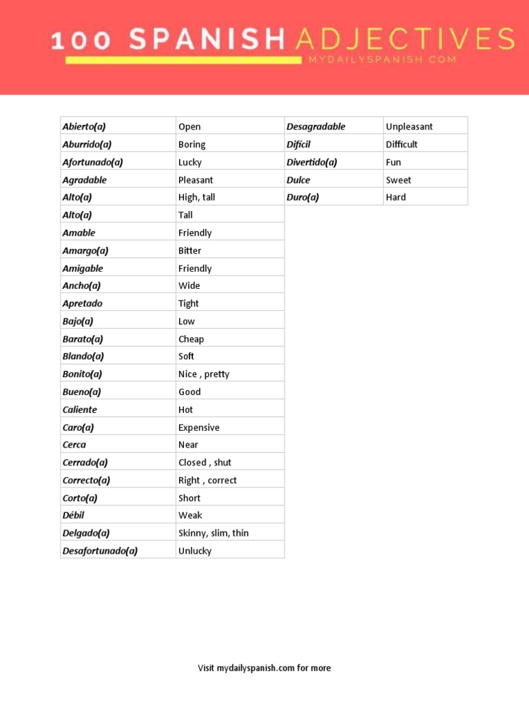 Spanish Adjectives List with Translations | PDF | Cooking, Food & Wine