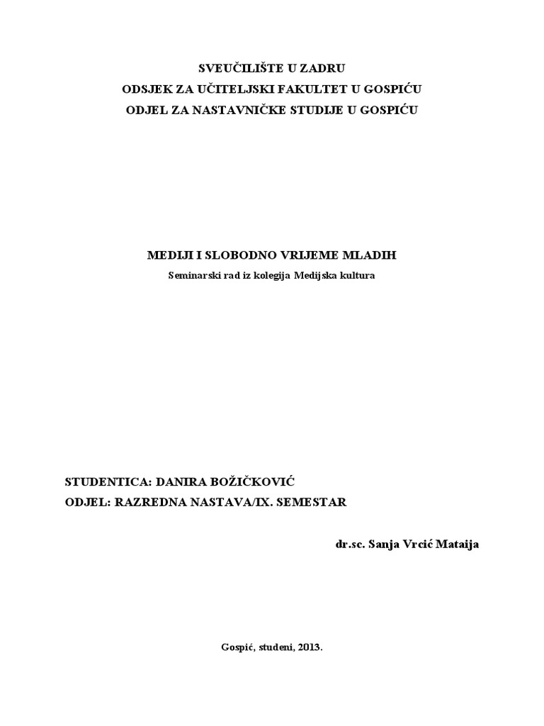 Mediji I Slobodno Vrijeme Mladih | PDF