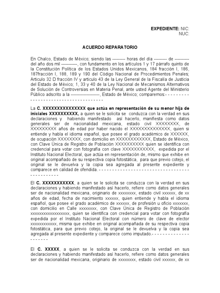 Formato Acuerdo Reparatorio | PDF | México | Derecho penal