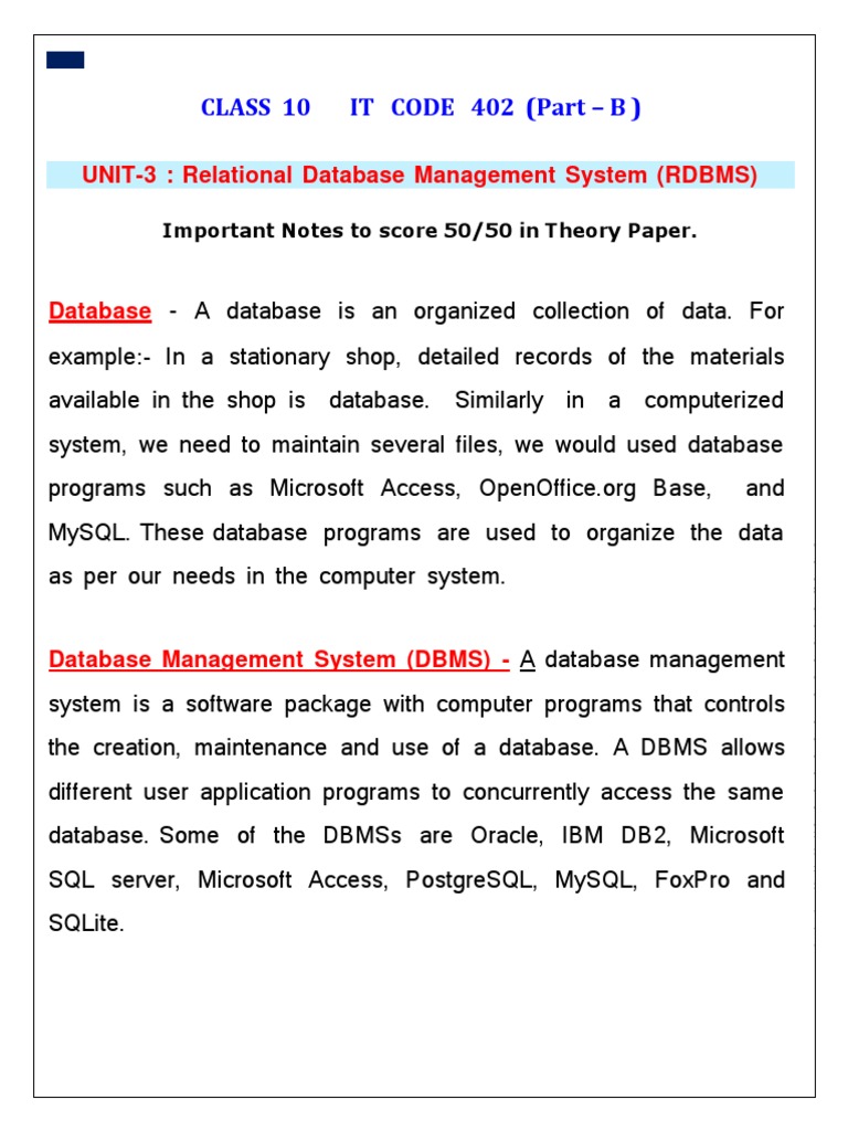 RDBMS Final Notes For Board Exam | PDF | Relational Database | Databases