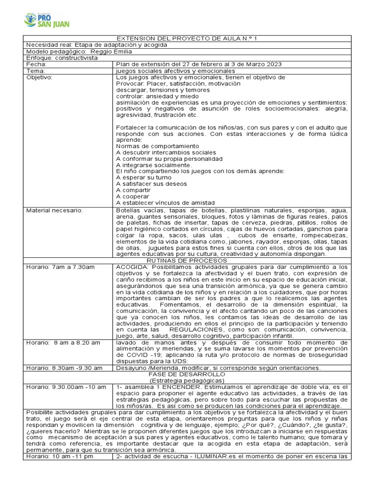 Extension Del Proyecto de Aula N 1 | PDF | Las emociones | Aprendizaje