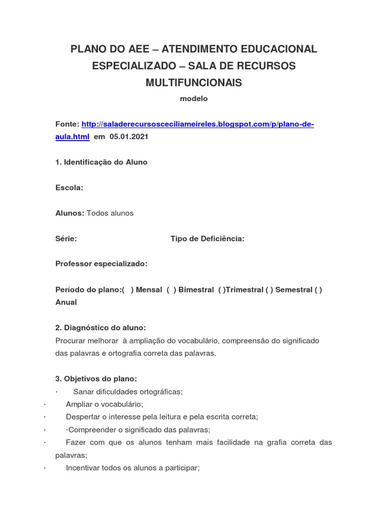 Plano de Aula AEE Sala de Recursos Multifuncionais Modelo Cecilia ... Plano de Aula AEE Sala de Recursos Multifuncionais Modelo Cecilia ...
