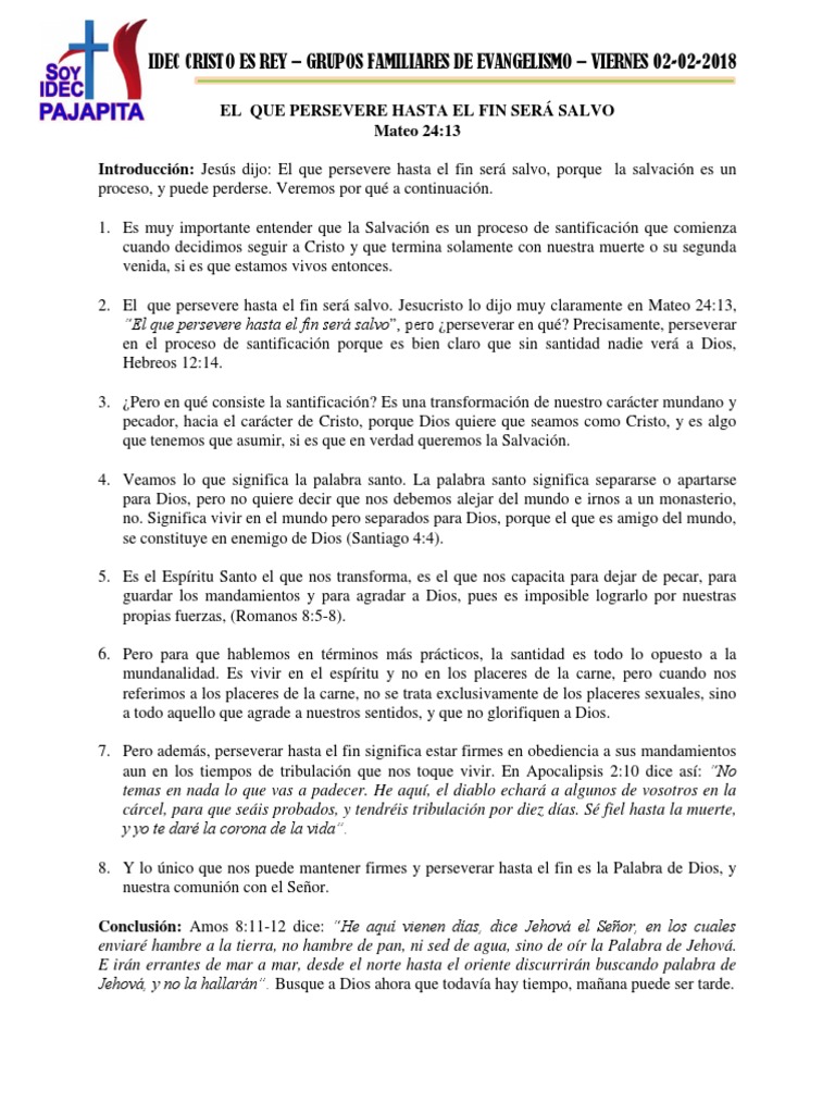 El Que Perseverare Hasta El Fin Será Salvo | PDF | Santificación | Jesús