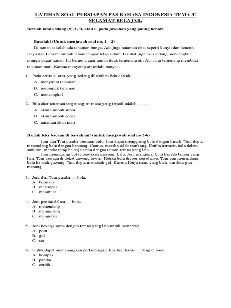 Latihan Soal Persiapan Pas Tema 3 Bahasa Indonesia1 | PDF