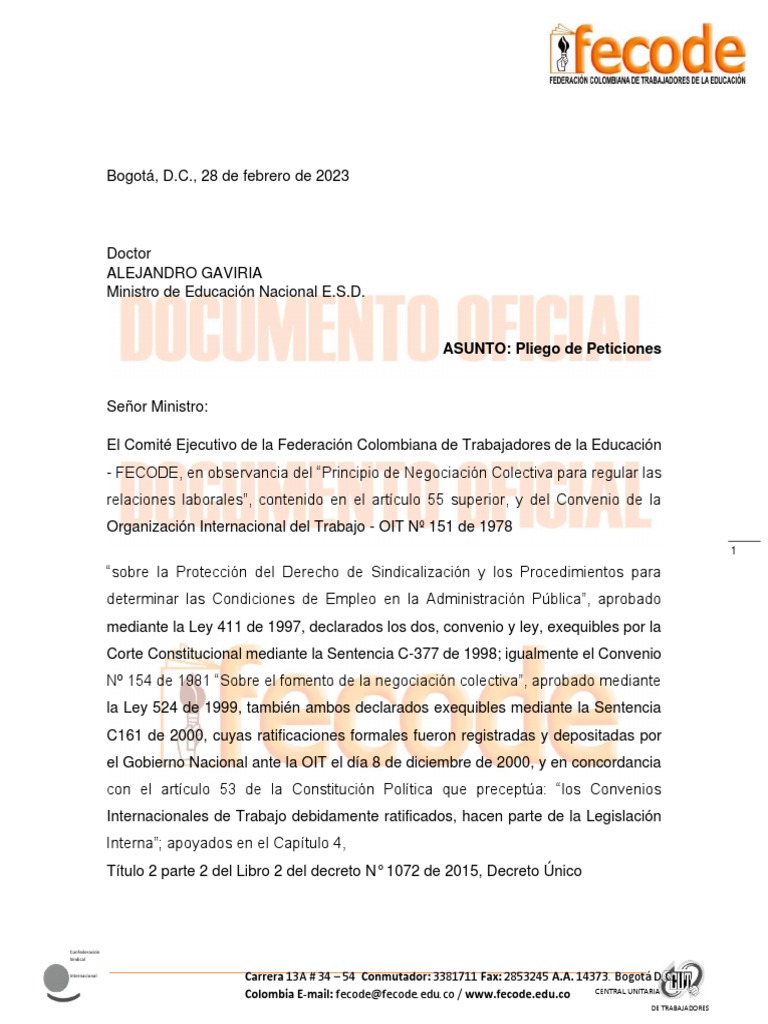Pliego de Peticiones FECODE 2025 | PDF | Organización Internacional del Trabajo | Colombia