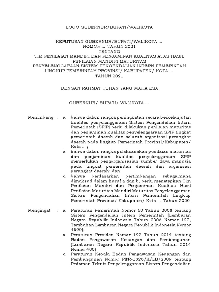 Contoh Rancangan SK Tim PM Dan PK Maturitas SPIP Terintegrasi | PDF