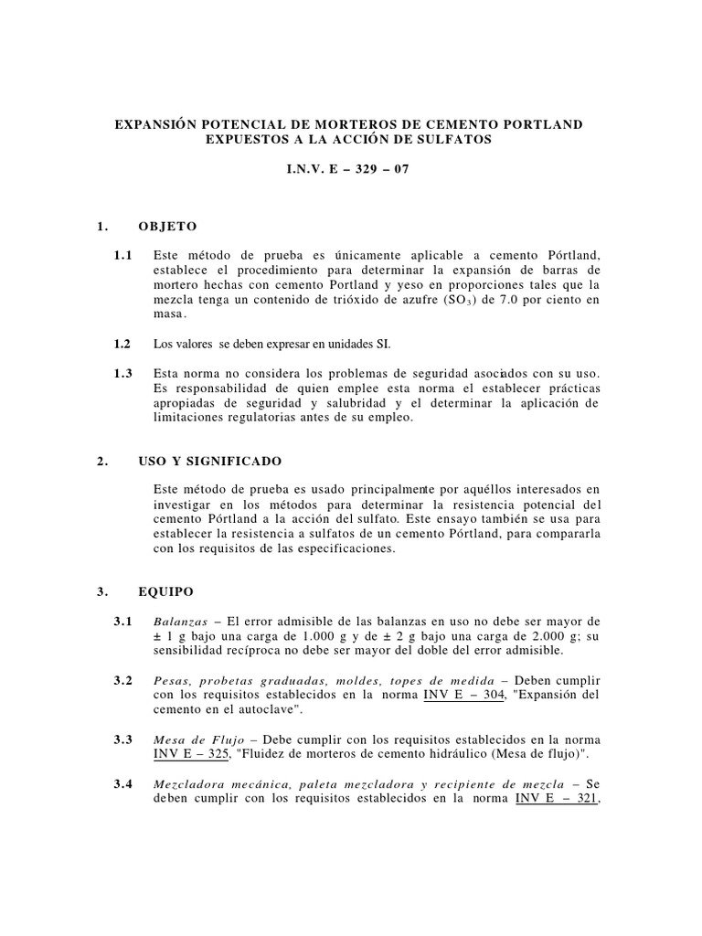 Norma INV E-329-07 | PDF | Cemento | Mortero (Albañilería) Norma INV E-329-07 | PDF | Cemento | Mortero (Albañilería)