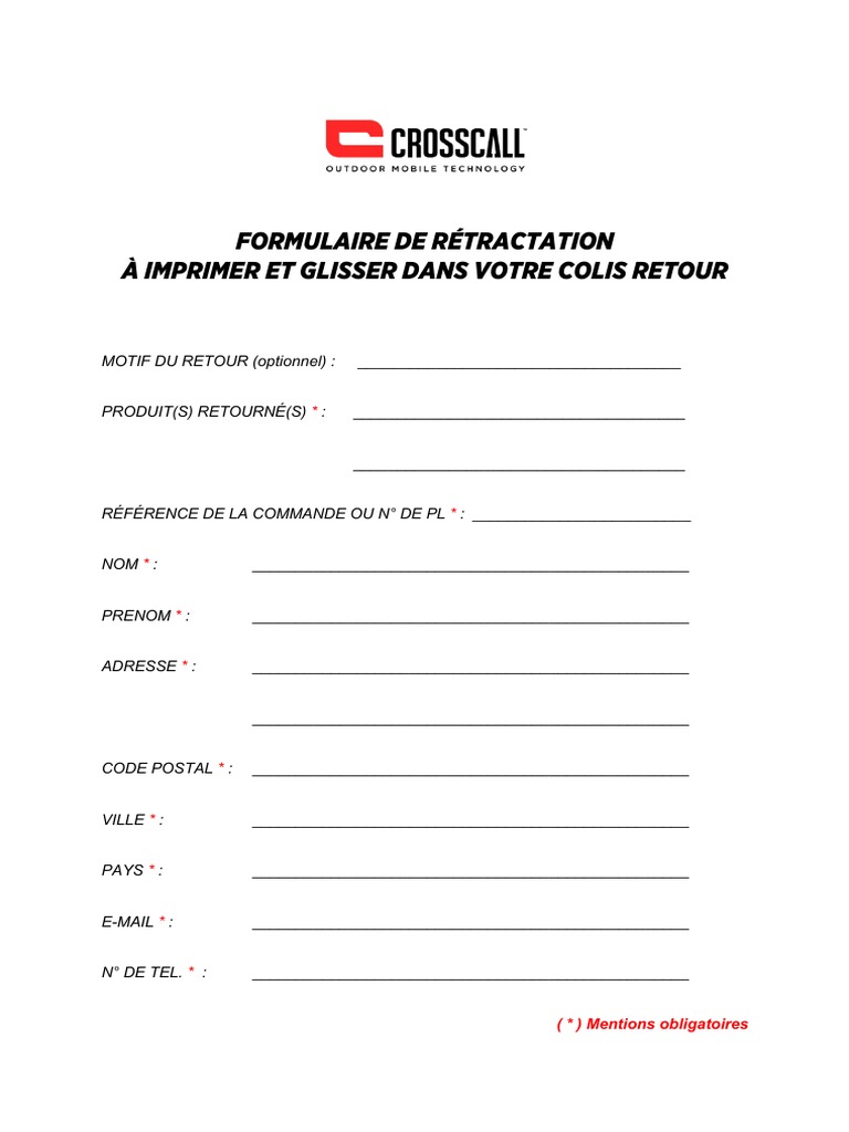 Formulaire de Rétractation À Imprimer Et Glisser Dans Votre Colis ...