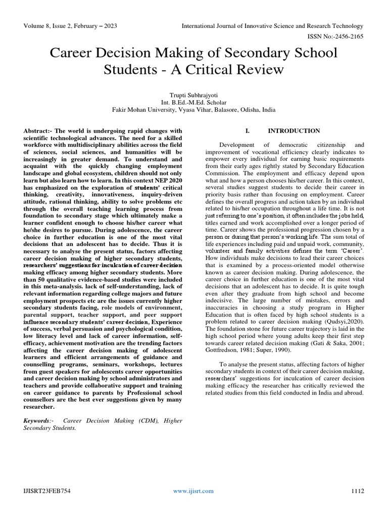 Career Decision Making of Secondary School Students - A Critical Review ...