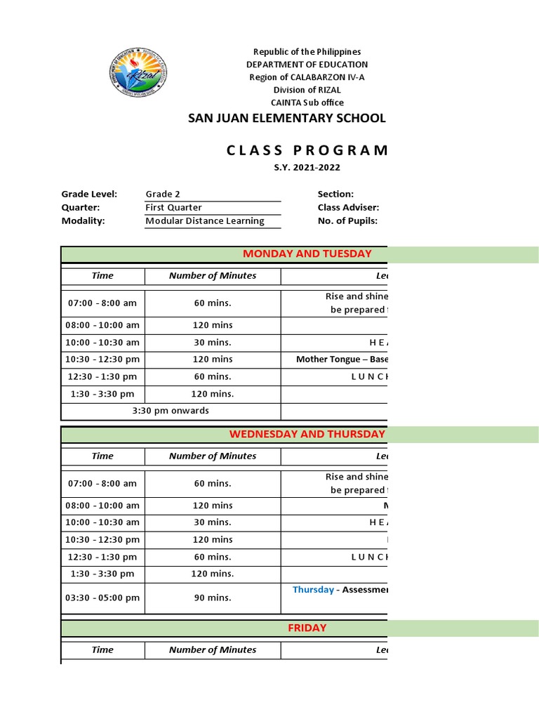 q1 m1 Class Program Grade 2 v2.0 | PDF | Philippines