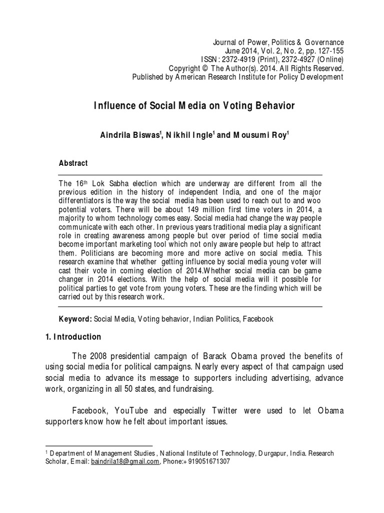 Influence of Social Media in Voting Behavior | PDF | Coefficient Of ...