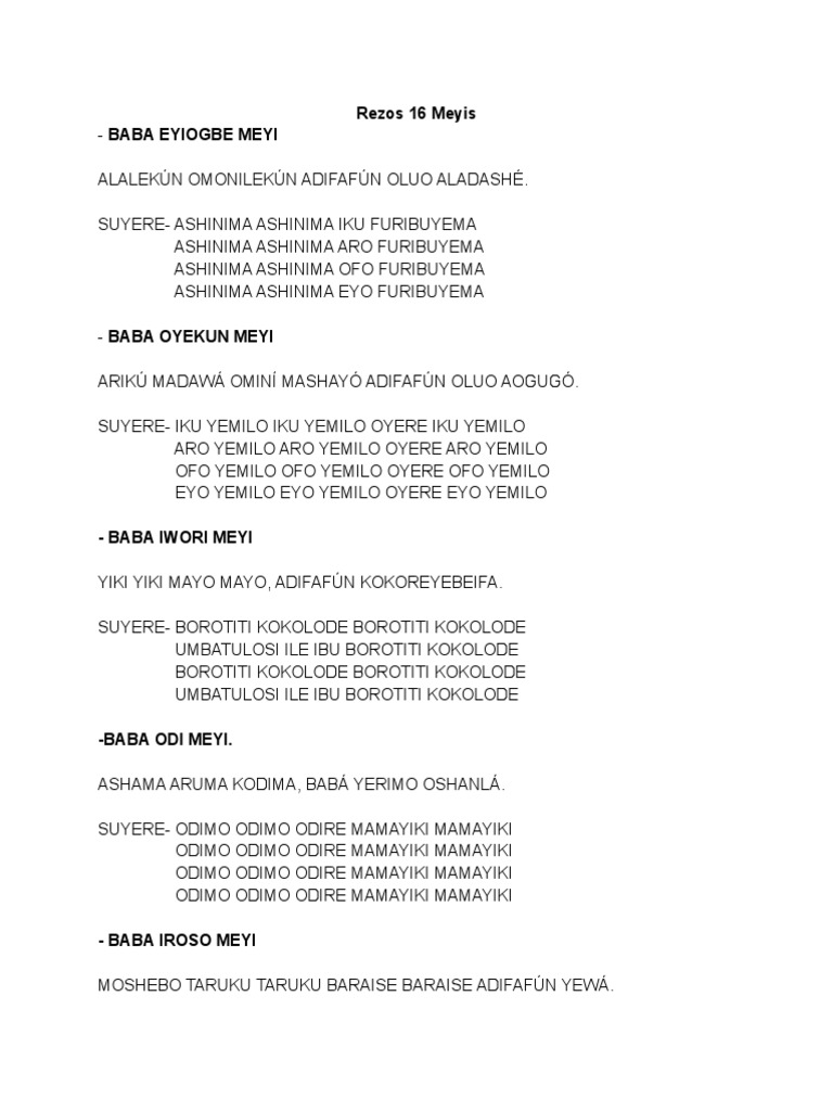 Rezos de los 16 Meyis de Ifá | PDF | Religiones religiosas | Deidades
