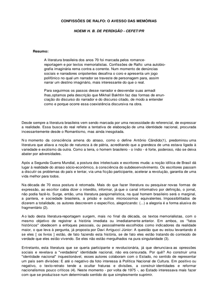 Confissões de Ralfo - Avesso Das Memória | PDF | Narrativa | Discurso