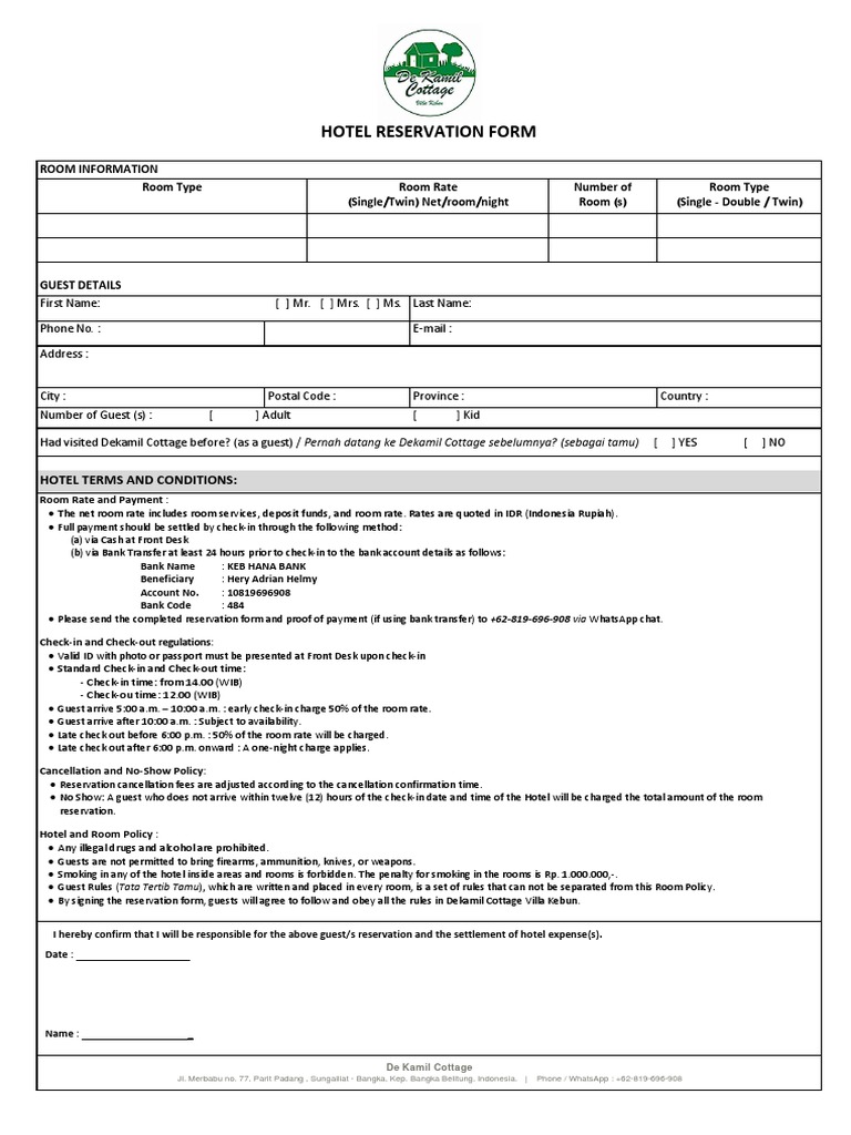 De Kamil Cottage - Formulir Reservasi Hotel Update | PDF | Banks ...