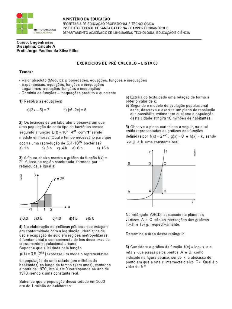 Exercícios de Pré-Cálculo - Lista 03 | PDF | Equações | Matemática
