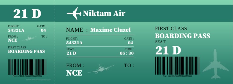 Niktam Air First Class seat 21D boarding pass | PDF