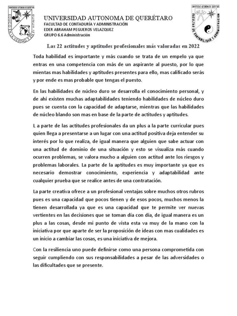 Las 22 Actitudes y Aptitudes Profesionales Más Valoradas en 2022 | PDF ...