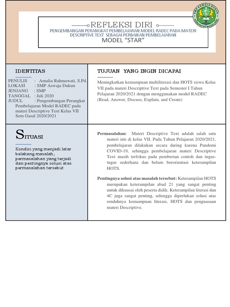 REFLEKSI DIRI - RPP Descriptive Text RADEC Kelas VII Sem 1 | PDF | Karier & Perkembangan
