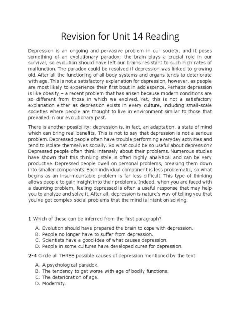 Revision For Unit 14 Reading | PDF | Evolution | Major Depressive Disorder