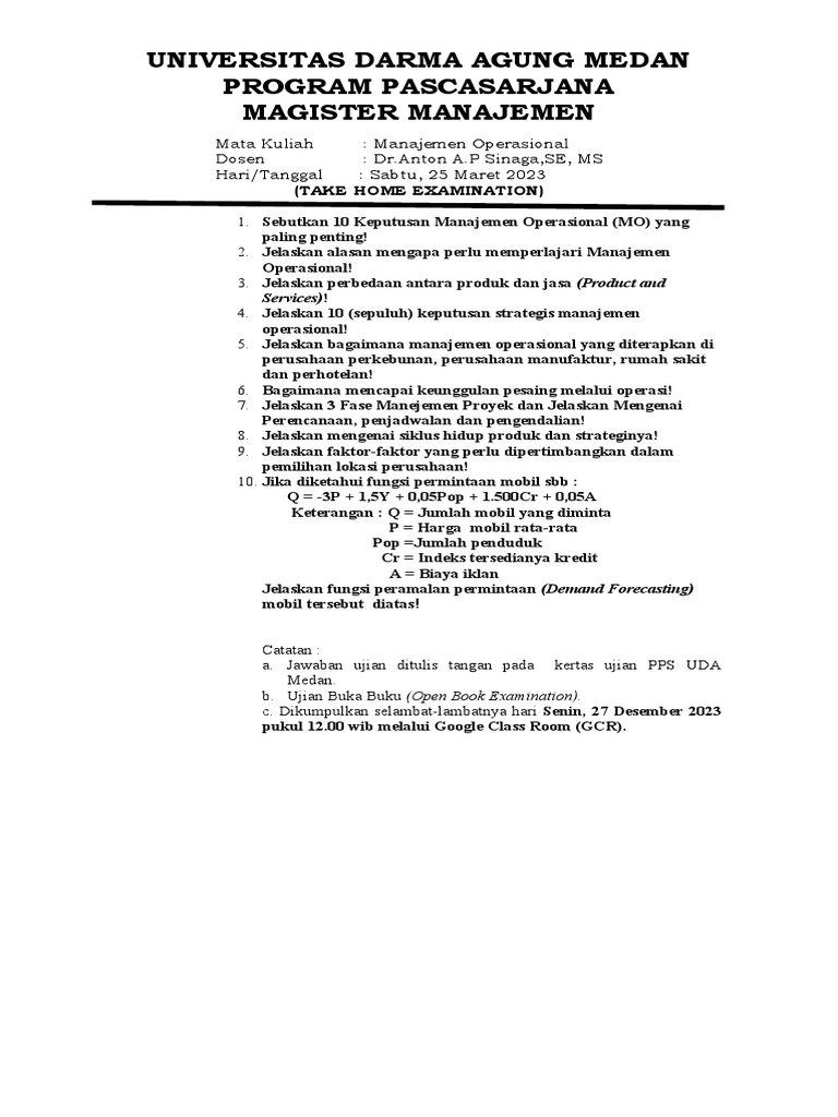 MANAJEMEN OPERASIONAL SOAL UAS UDA 25 Pebruari 2023 | PDF