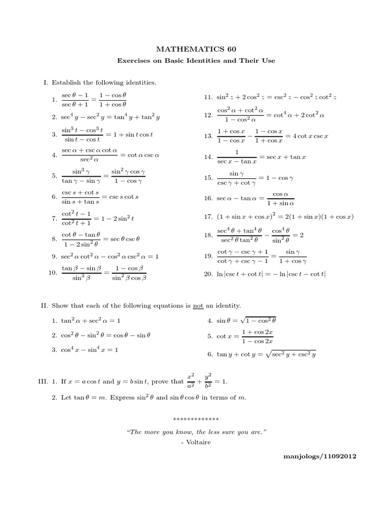 Identities Practice Test | PDF | Trigonometric Functions | Mathematical ...