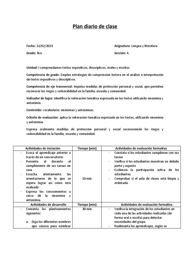 Plan Diario de Clase Ejemplo | Descargar gratis PDF | Evaluación | Comprensión lectora
