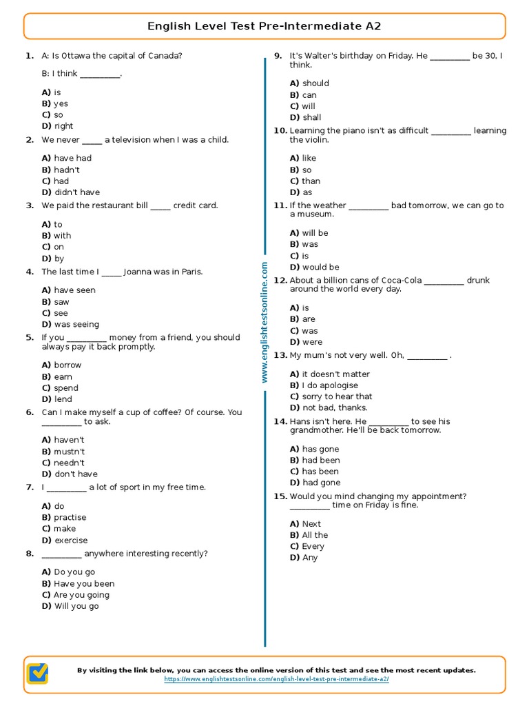544 - English Level Test Pre Intermediate A2 | PDF