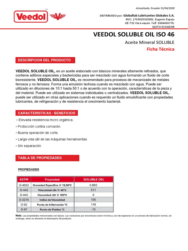 Aceite VEEDOL Soluble ISO 46: Ficha Técnica | PDF | Lubricante | Agua