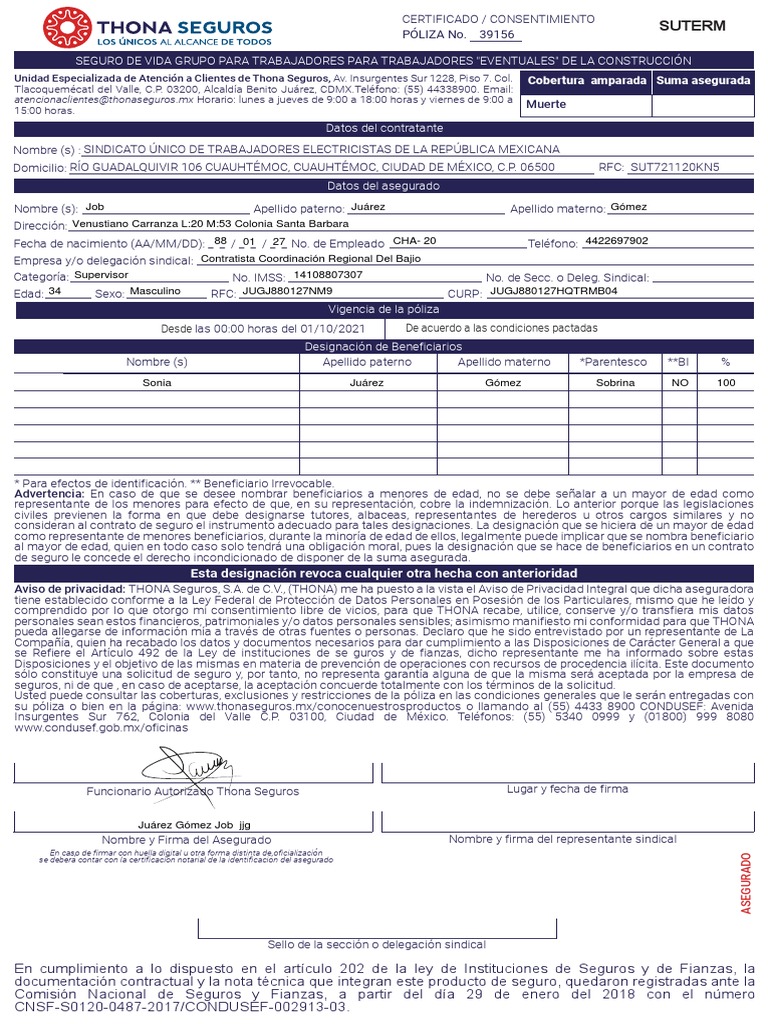 Poliza SUTERM - JOB JUAREZ GOMEZ - THONA | PDF | Seguro | Ley común