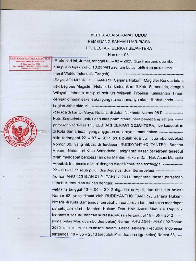 Berita Acara Rapat Umum Pemegang Saham Luar Biasa Pt. Lbs | PDF
