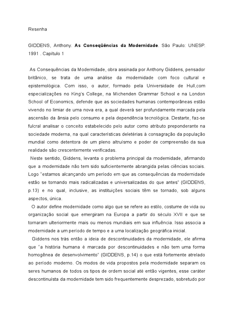 Resenha GIDDENS, Anthony. As Conseqüências Da Modernidade. São Paulo - UNESP. 1991 - Capítulo 1 ...