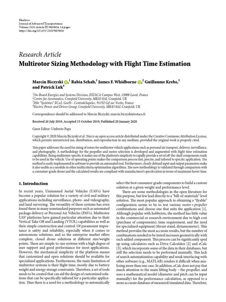 Multirotor Sizing Methodology With Flight Time Est | PDF | Electric Motor