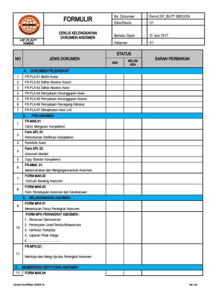 ASSESSMENT DOCUMENT CHECKLIST | PDF
