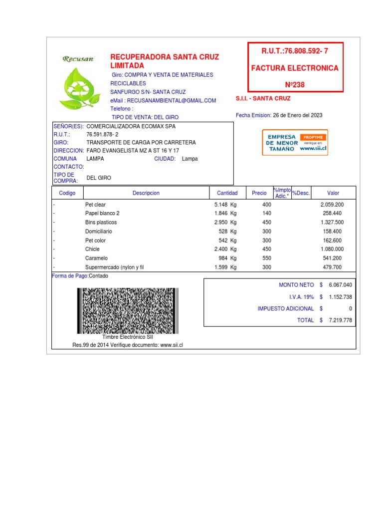 Recuperadora Santa Cruz Limitada R.U.T.:76.808.592-7 Factura Electronica Nº238 | PDF | Pagos