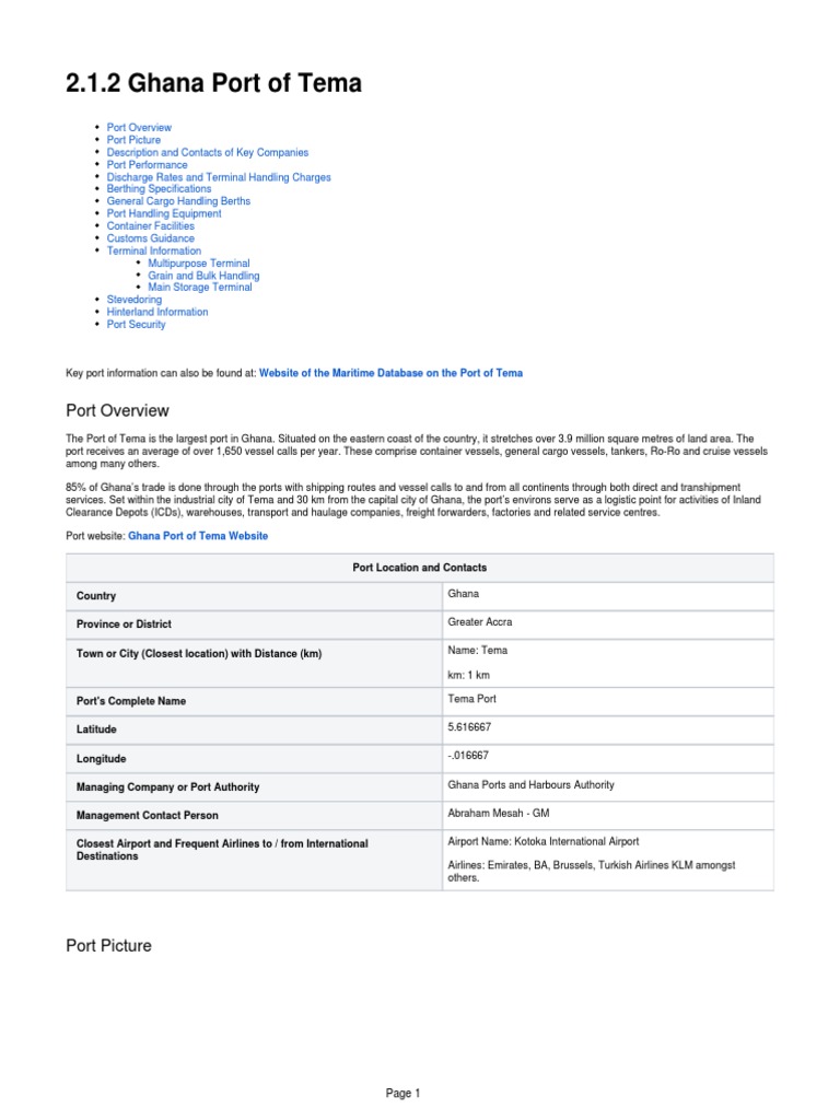 Key Ghana Port of Tema Information | PDF | Port | Containerization