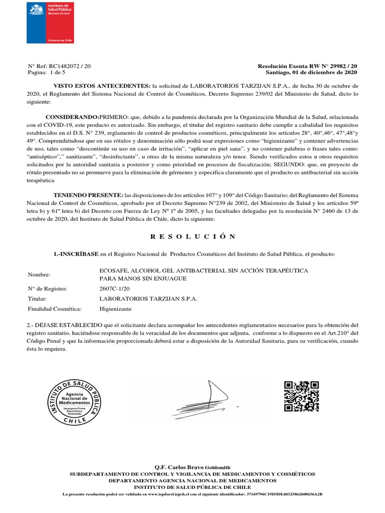 Registro ISP Ecosafe Alcohol Gel 70 2607C-1 | PDF