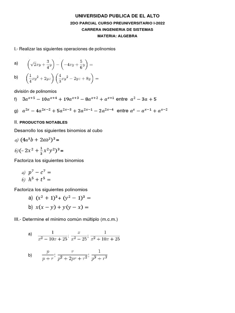 2do Parcial Algebra Preuniv | PDF