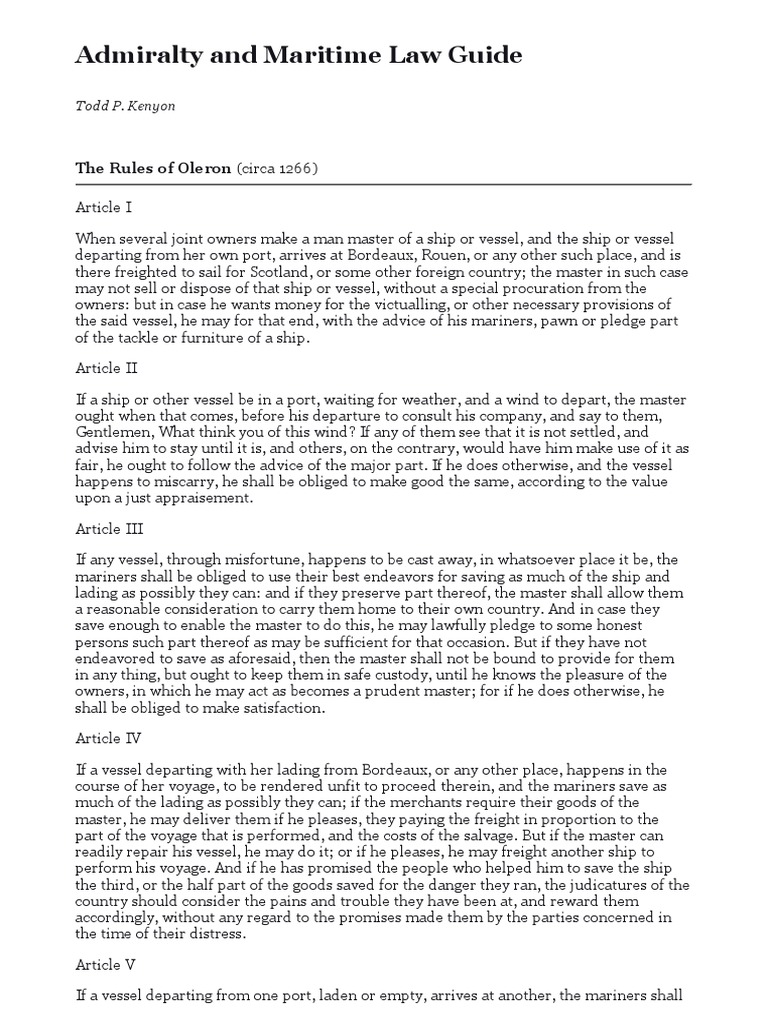 Admiralty and Maritime Law Guide - Rules of Oleron | PDF | Sailor ...